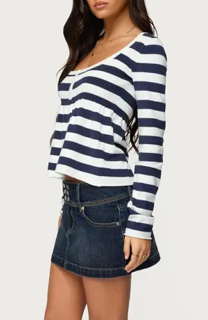 EDIKTED Lockie Stripe Knit Babydoll Top - Navy