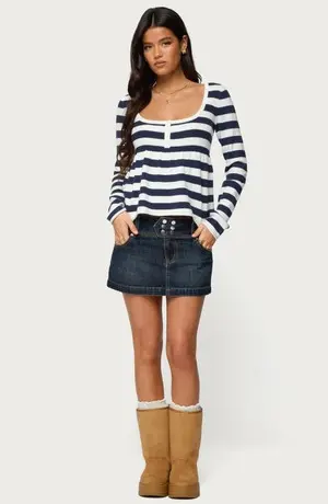EDIKTED Lockie Stripe Knit Babydoll Top - Navy