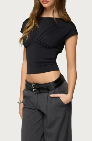 EDIKTED Ruched Boat Neck Crop Top
