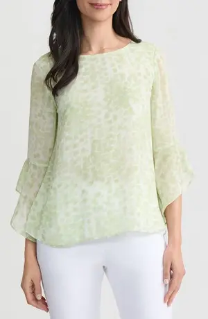 KASPER Printed Ruffle Sleeve Top - Celery Multi