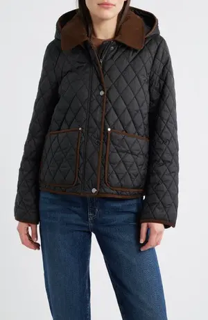 London Fog Water-resistant Quilted Coat With Corduroy Trim - Black