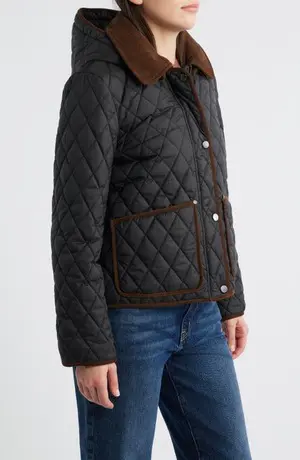 London Fog Water-resistant Quilted Coat With Corduroy Trim - Black