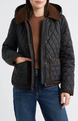 London Fog Water-resistant Quilted Coat With Corduroy Trim - Black
