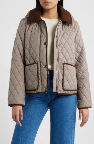 London Fog Water-resistant Quilted Coat With Corduroy Trim - Khaki
