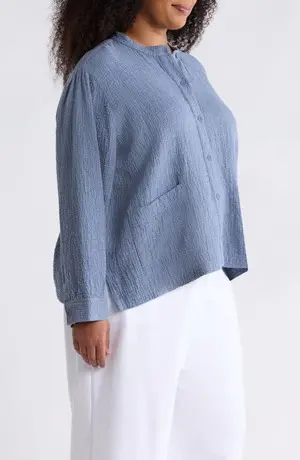 Eileen Fisher Organic Cotton Stretch Seersucker Shirt Jacket - Haze