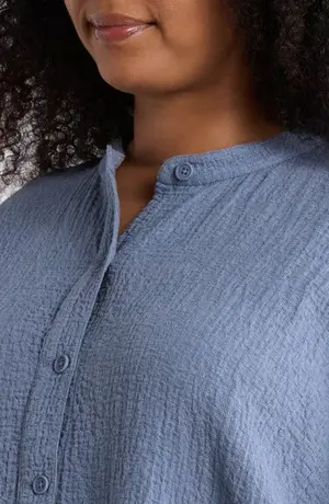 Eileen Fisher Organic Cotton Stretch Seersucker Shirt Jacket - Haze