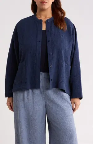 Eileen Fisher Organic Cotton Stretch Seersucker Shirt Jacket - Ink