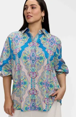 Foxcroft Olivia Paisley Smocked Cuff Cotton Button-up Shirt