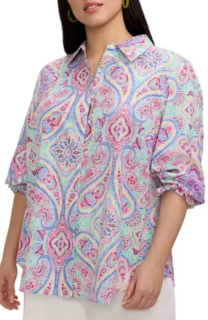 Foxcroft Olivia Paisley Smocked Cuff Linen Blend Button-up Shirt - Green/multi