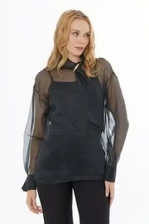GIZIA High Neck Silk Blouse With Back Button