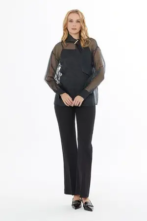 GIZIA High Neck Silk Blouse With Back Button