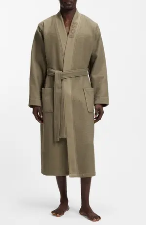 BOSS Waffle Cotton Blend Robe - Open Brown