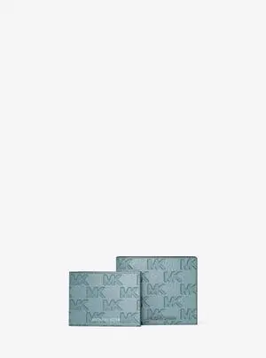 Michael Kors Hudson Logo Embossed Leather Billfold Wallet And Passcase In By - Blue