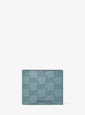 Michael Kors Hudson Logo Embossed Leather Billfold Wallet And Passcase In By - Blue