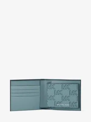Michael Kors Hudson Logo Embossed Leather Billfold Wallet And Passcase In By - Blue