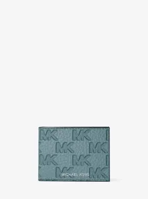 Michael Kors Hudson Logo Embossed Leather Billfold Wallet And Passcase In By - Blue