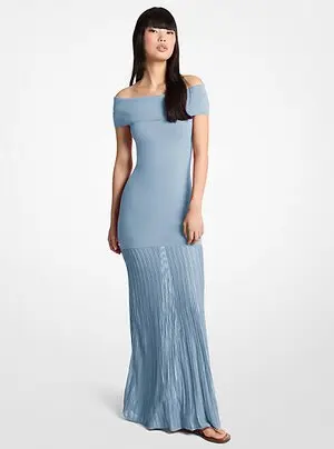 Michael Kors Pleated Stretch Knit Off-the-shoulder Maxi Dress - Blue