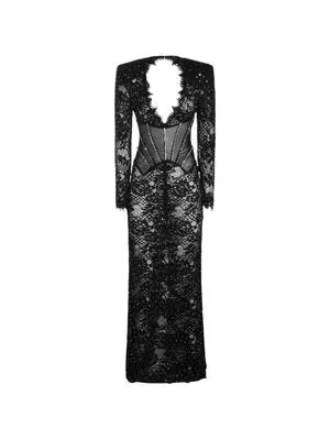 NISSA Crystal-embellished Lace Maxi Dress With V-neck And Long Sleeves