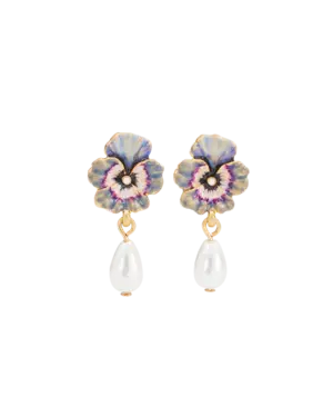 FABLE ENGLAND Pansy & Pearl Drop Stud Earrings - Gold