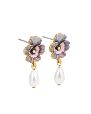 FABLE ENGLAND Pansy & Pearl Drop Stud Earrings