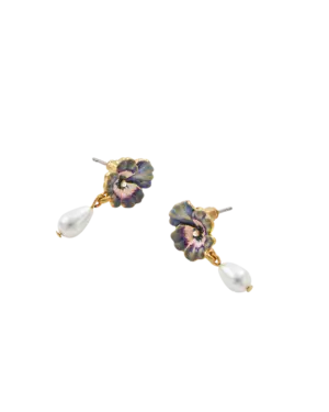 FABLE ENGLAND Pansy & Pearl Drop Stud Earrings