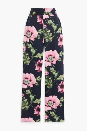 Oscar De La Renta Floral-print Cotton-blend Twill Straight-leg Pants - Midnight Blue