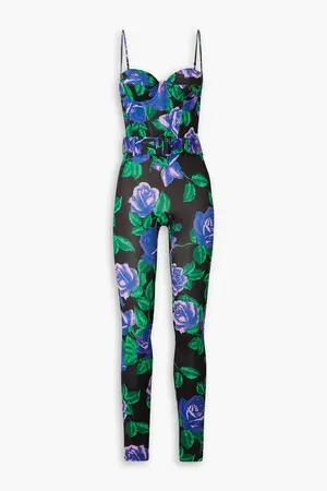 RICHARD QUINN Belted Floral-print Stretch-satin Jumpsuit - Purple