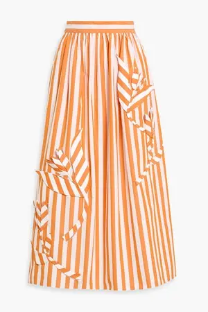 Oscar De La Renta Striped Floral-appliquéd Cotton-poplin Midi Skirt - Orange