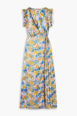 KIKA VARGAS Liana Floral-print Satin Midi Wrap Dress - Yellow