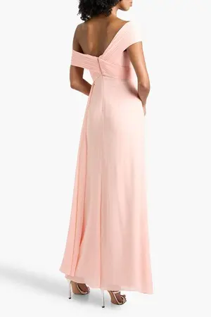 Badgley Mischka Off-the-shoulder Pleated Chiffon Gown