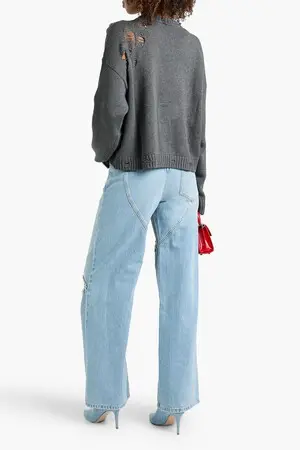 AREA Crystal-embellished Distressed Cotton And Cashmere-blend Cardigan - Gray