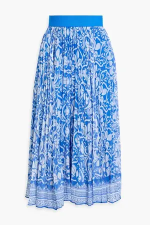 Alice + Olivia Pleated Printed Georgette Midi Skirt Azure