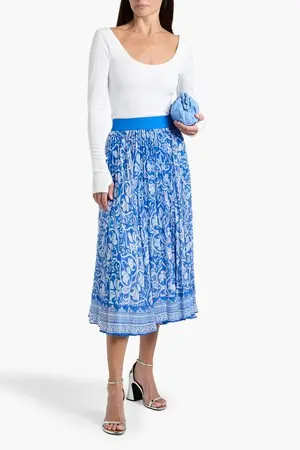 Alice + Olivia Pleated Printed Georgette Midi Skirt - Royal Blue