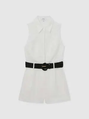 REISS Taylor Linen Sleeveless Belted Playsuit - Ivory