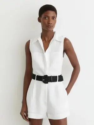 REISS Taylor Linen Sleeveless Belted Playsuit - Ivory