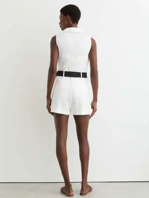 REISS Taylor Linen Sleeveless Belted Playsuit - Ivory