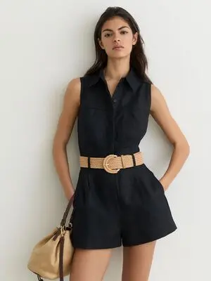 REISS Taylor Linen Sleeveless Belted Playsuit - Navy