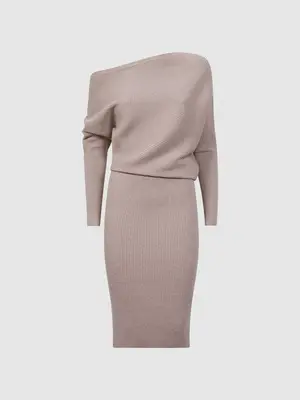 REISS Lara Off-the-shoulder Ribbed Midi Dress - Neutral