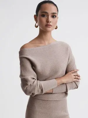 REISS Lara Off-the-shoulder Ribbed Midi Dress - Neutral