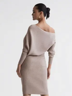 Reiss Lara - Neutral Lara Off-the-shoulder Ribbed Midi Dress, XS