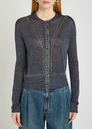 Rabanne Embellished Metallic-knit Cardigan - Navy
