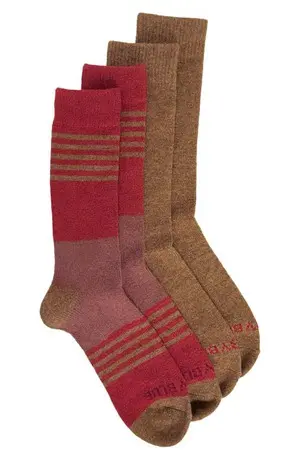 United By Blue 2-pack Stripe Wool And Yak-blend Crew Socks - Crimson/camel Heather