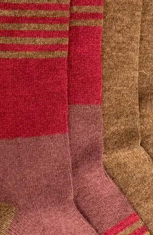 United By Blue 2-pack Stripe Wool And Yak-blend Crew Socks - Crimson/camel Heather