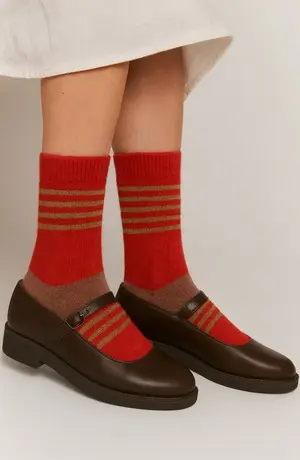United By Blue 2-pack Stripe Wool And Yak-blend Crew Socks - Crimson/camel Heather