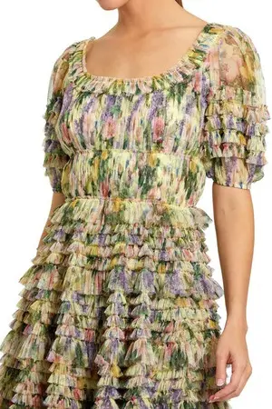 Mac Duggal Floral Mesh Puff Sleeve Ruffle Mini Dress