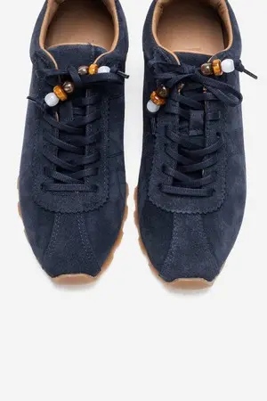 FOREVER & ALWAYS SHOES Brea Leather Embellished Sneaker - Navy Suede