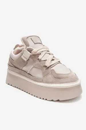 FOREVER & ALWAYS SHOES Riven Leather Platform Sneaker - Beige Suede
