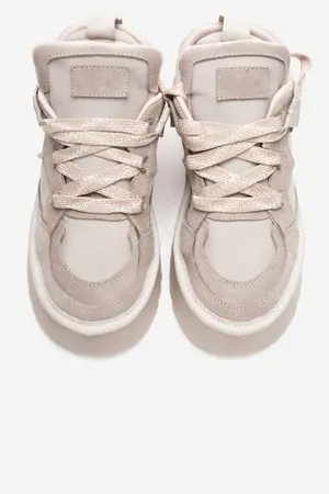 FOREVER & ALWAYS SHOES Riven Leather Platform Sneaker - Beige Suede