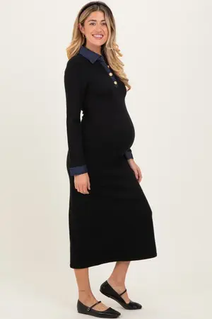 PINKBLUSH Denim Trim Knit Midi Dress