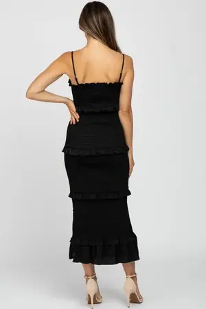PINKBLUSH Satin Smocked Fitted Maxi Dress - Black